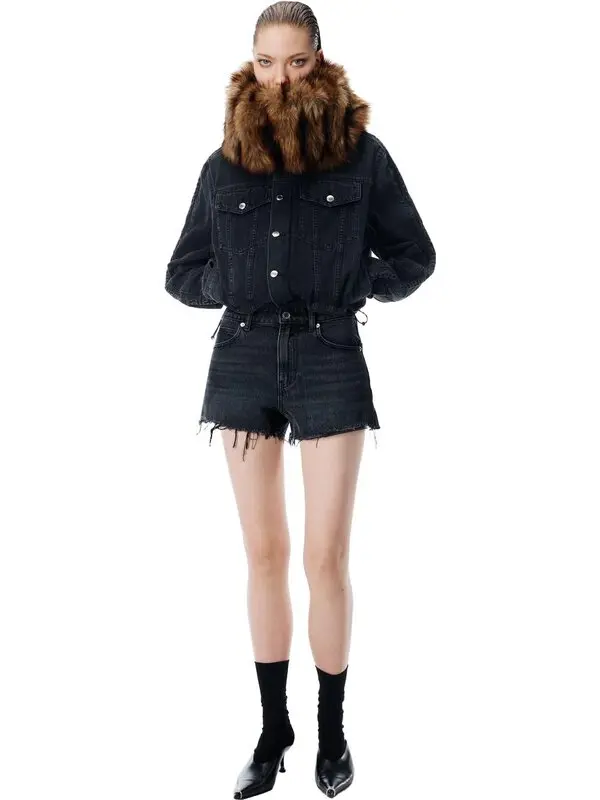 Alexander Wang High Rise Denim Shorts With Logo Pocket - Grey Aged