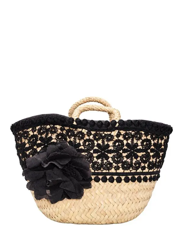 MARIELĒ Small Woven Straw Beach Bag With Lace Trim - Black