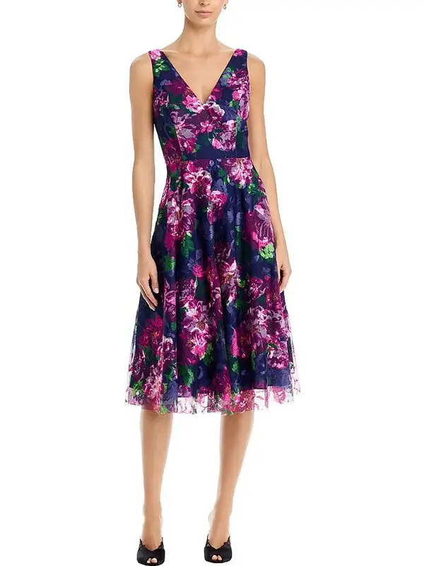 Eliza J Floral V Neck Sleeveless Dress - Navy Multi