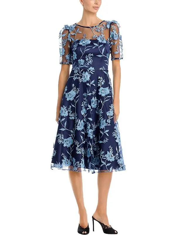 Eliza J Floral Embroidered Midi Dress - Navy/blue