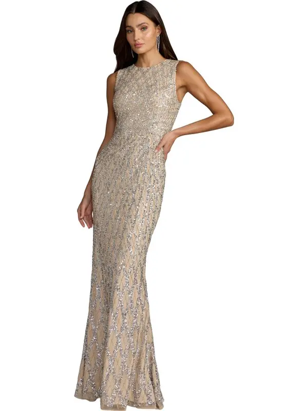 Mac Duggal Beaded High Neck Column Gown - Nude Ombre