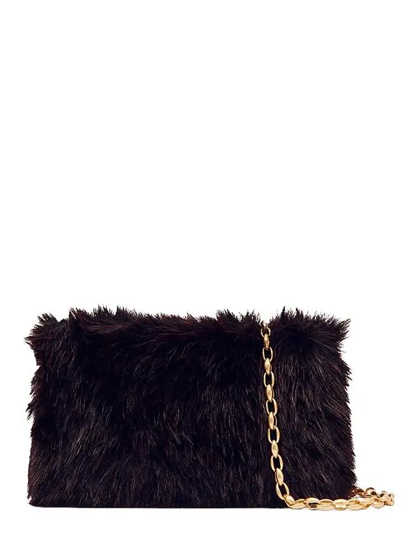 REISS Mila Faux Fur Shoulder Bag With Gold Tone Chain - Burgundy