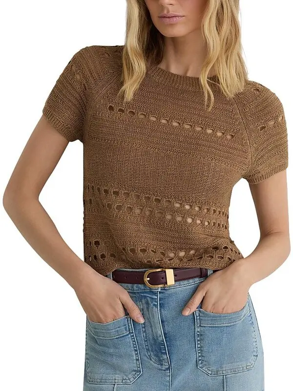 REISS Cropped Linen Knit Top - Taupe Neutral