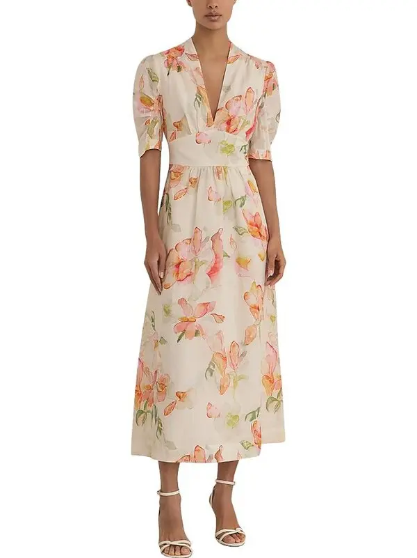 REISS Poppy Floral Print Midi Dress - Ivory/pink