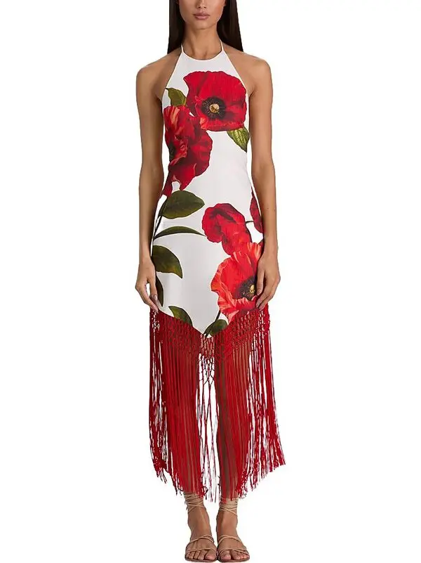 Alice + Olivia Halterneck Dress With Fringe Hem - Summer Poppy