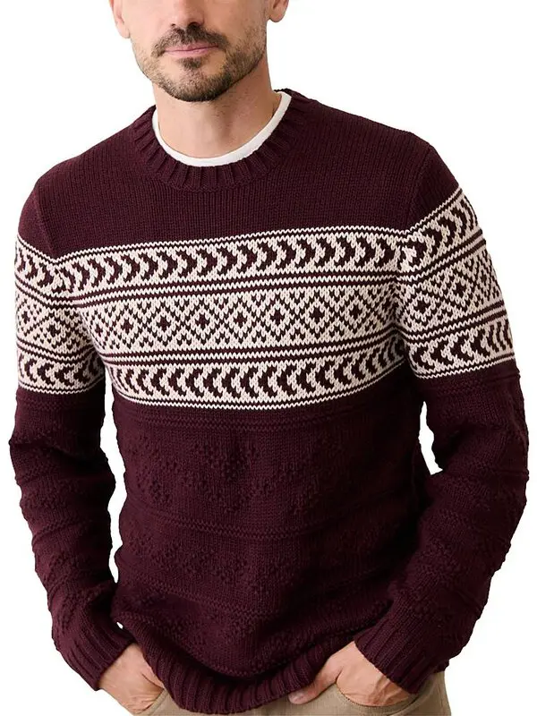 Marine Layer Textured Fair Isle Crewneck Pullover - Burgundy