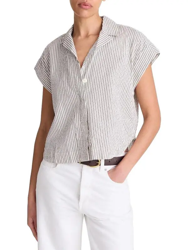 Madewell Striped Cotton Seersucker Popover Shirt - Black Vintage Ivory Yarndye