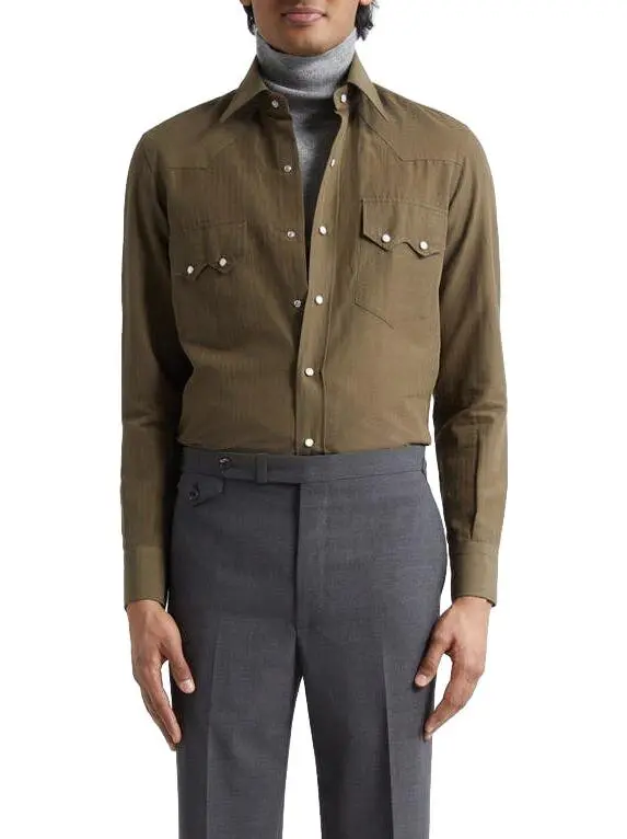 J. MUESER Cotton & Linen Snap-up Western Shirt - Olive