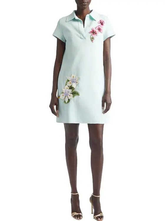 Oscar De La Renta Embroidered Appliqué Stretch Wool Polo Dress - Saltwater