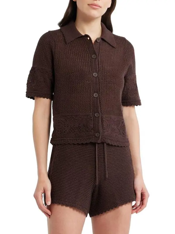 Marine Layer Celtia Mixed Open Stitch Cotton Blend Button-up Sweater - Chocolate