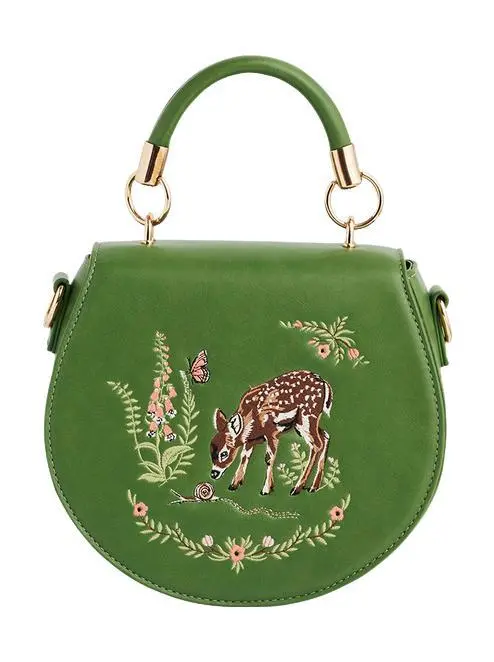FABLE ENGLAND Green Fawn & Snail Embroidered Saddle Bag - Light/pastel Green