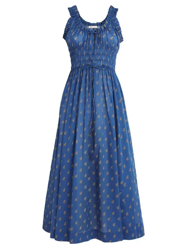 DÔEN Cotton Paisley Gathered Maxi Dress - Blue