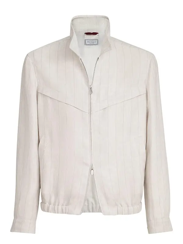 Brunello Cucinelli Linen Pinstripe Bomber Jacket - White