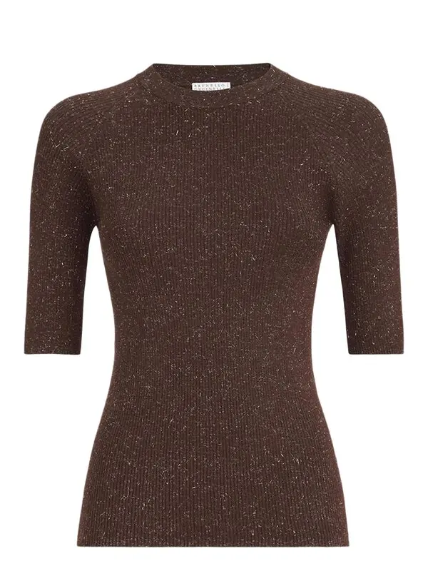 Brunello Cucinelli Cashmere Sparkling Ribbed Short-sleeve Sweater - Brown