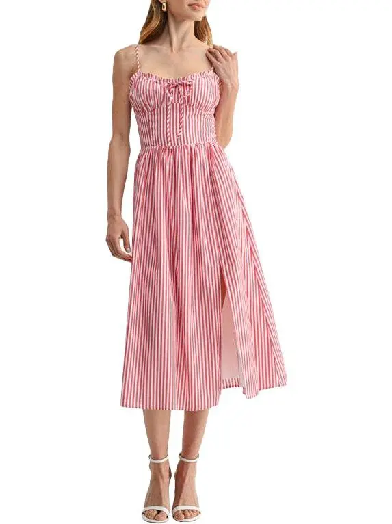 ALL IN FAVOR Sweetheart Neck Cotton Fit & Flare Midi Dress - Red Stripe