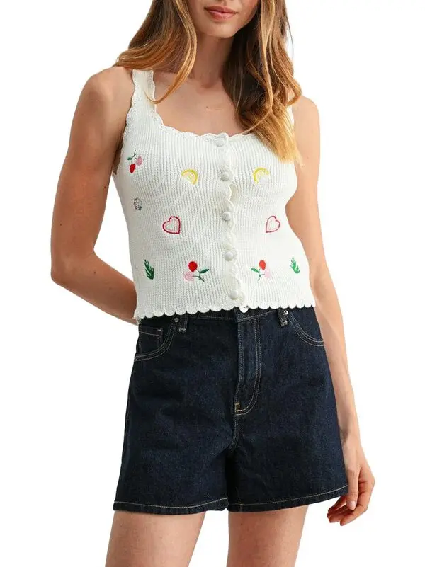 ALL IN FAVOR Embroidered Button-up Sweater Tank - Ivory