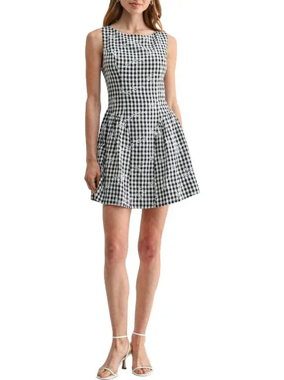 ALL IN FAVOR Embroidered Sleeveless Fit & Flare Dress - Black Gingham