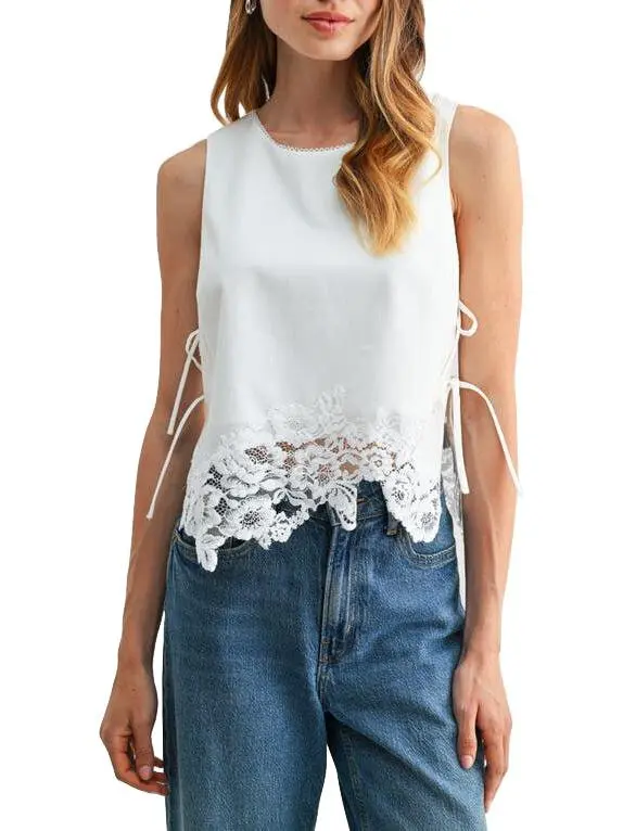 ALL IN FAVOR Lace Hem Side Tie Tank - White