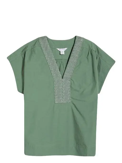 Tommy Bahama Oceana Isle Embroidered Cotton Popover Top - Dark Jade