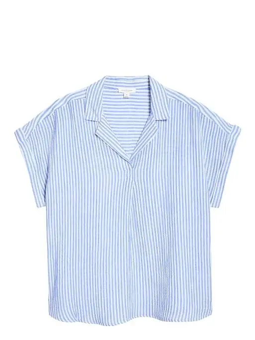 BEACHLUNCHLOUNGE Arin Stripe Short Sleeve Cotton Button-up Shirt - Blue Harbor