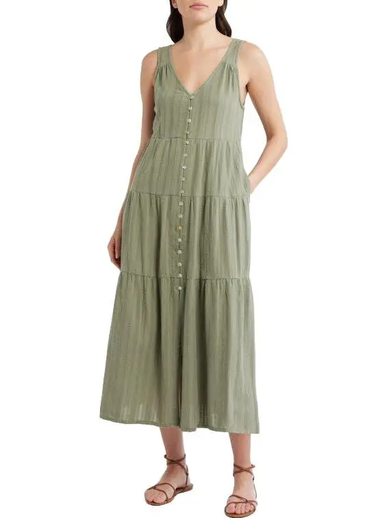 Marine Layer Corinne Sleeveless V-neck Cotton Midi Dress - Sage
