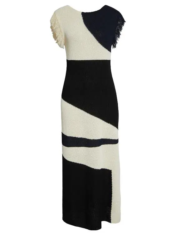 Proenza Schouler Saskia Colorblock Intarsia Textured Fringe Midi Sweater Dress - Sand Multi