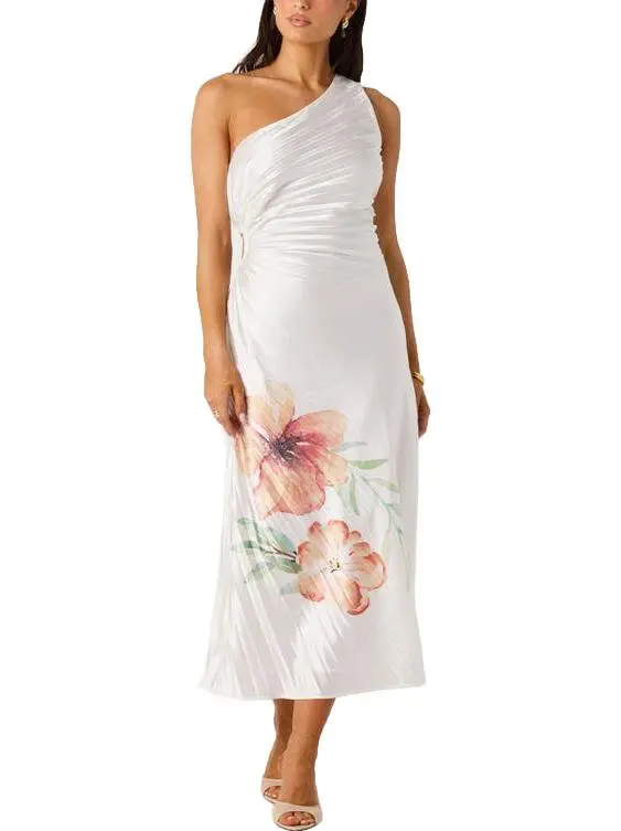 Astr The Label Cameron One-shoulder Midi Dress With Floral Print - White Orange Floral