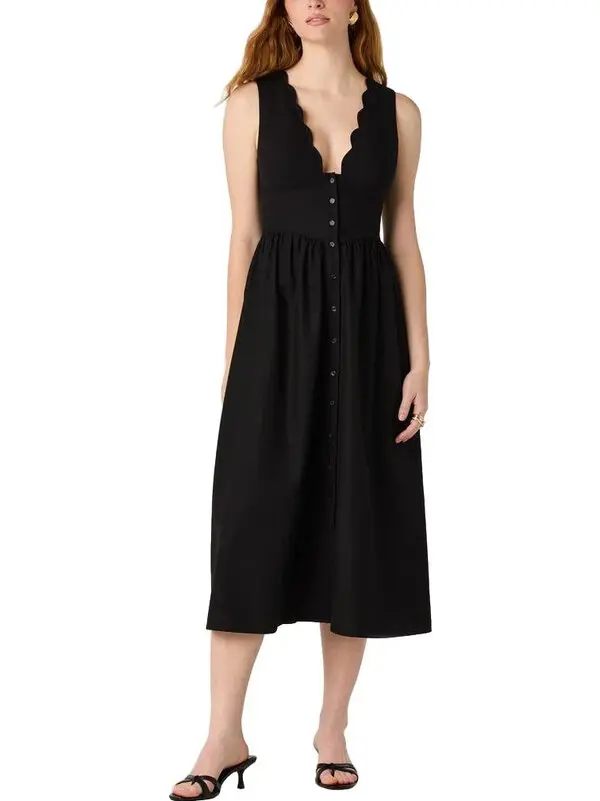 Astr The Label Scalloped Neck Midi Shirtdress - Black