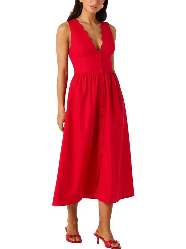 Astr The Label Scalloped Neck Midi Shirtdress - Red