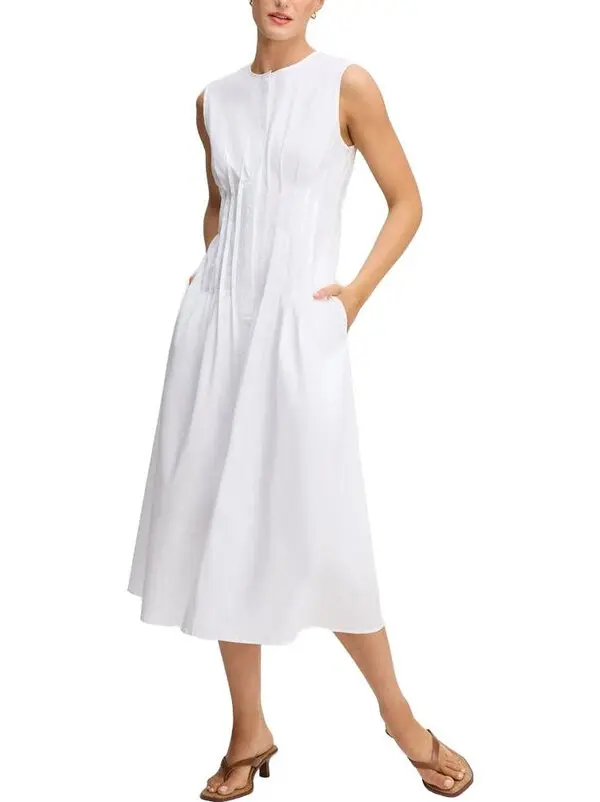 Sam Edelman Sleeveless Midi Dress With Pleated Waist - Bright White