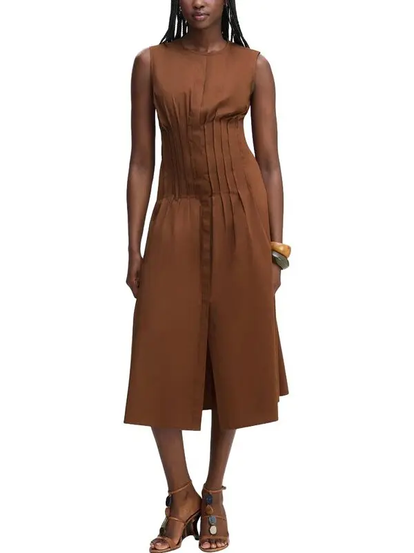 Sam Edelman Sleeveless Midi Dress With Pleated Waist - Cocoa Bean