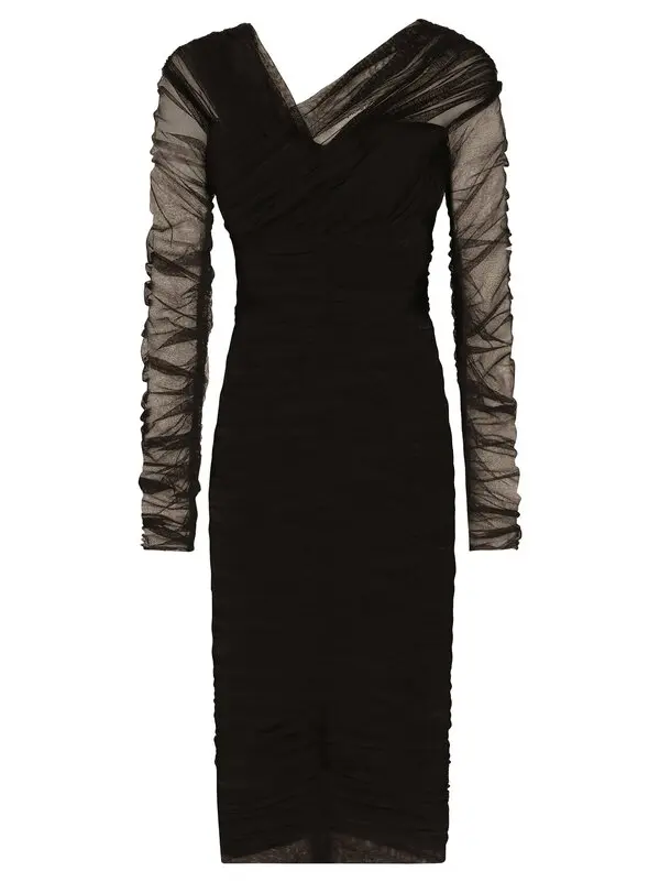 Dolce & Gabbana Draped Midi Dress In Cotton Tulle - Black