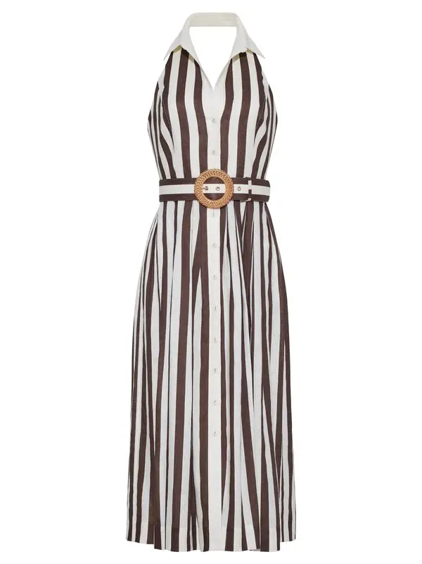 Cara Cara Quentin Striped Midi Dress With Belt - Brown Ivory Stripe