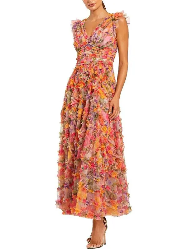 Mac Duggal Petite Floral Ruffle V-neck Maxi Dress - Multi