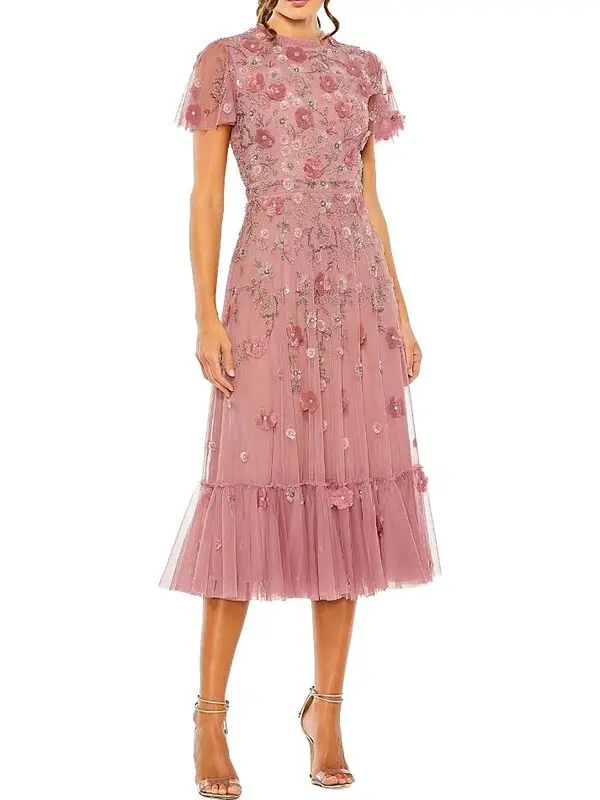 Mac Duggal Embellished High Neck Flutter Sleeve A-line Midi Dress - Berry