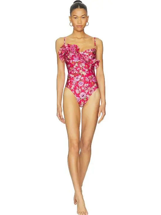 PatBO Peony Print Lycra Ruffle Bodysuit - Red