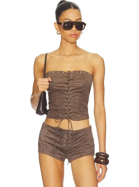 Superdown Faux Suede Corset Top With Lace-up Detail - Grey