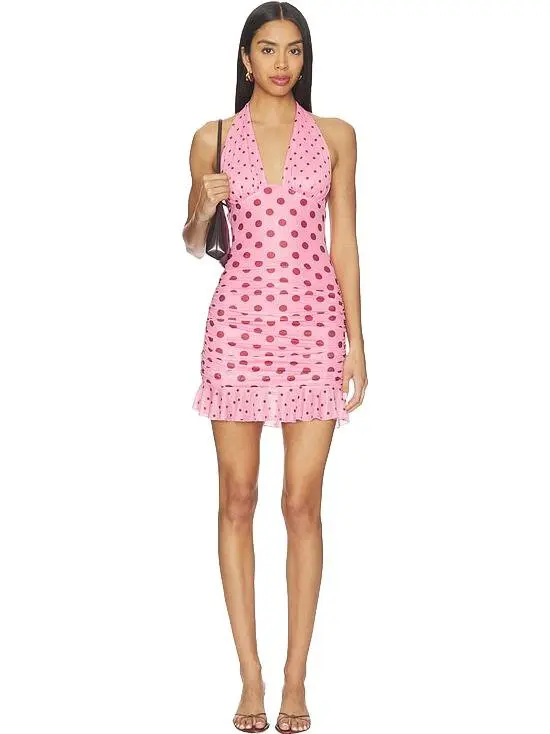 MORE TO COME Ruched Halter Mini Dress With Polka Dot Print - Pink & Brown Dot