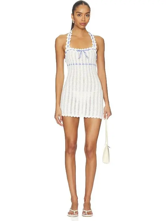 Majorelle Pointelle Mini Dress With Ribbon Detail - White