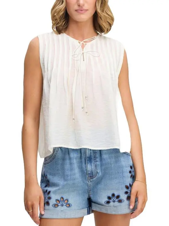 Sam Edelman Sleeveless Pintucked Tie Neck Top - Ecru