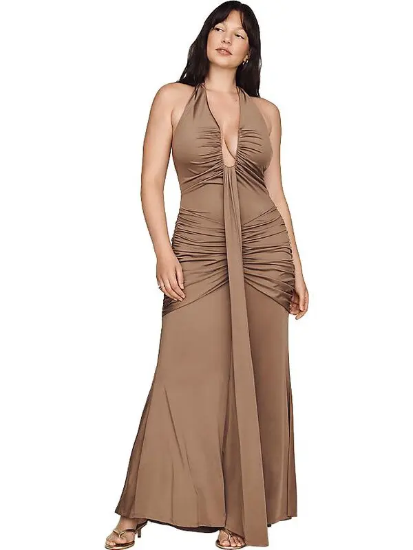SIEMPRE Plunge Neck Maxi Dress - Brown