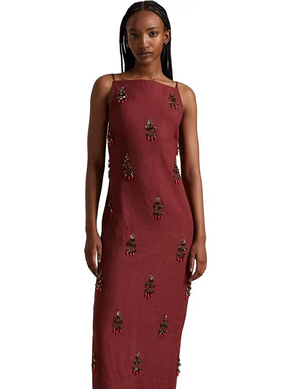 Ralph Lauren Embellished Linen Column Dress - Pomegranate
