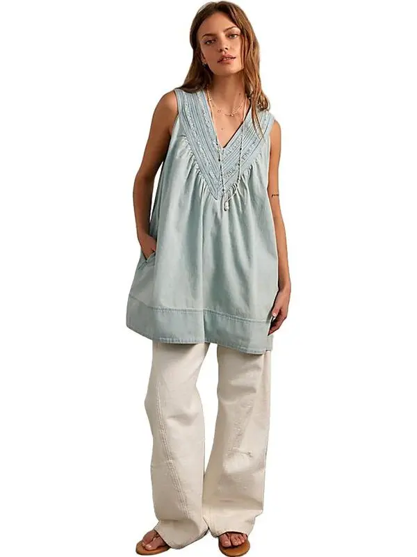 Free People Preston Pleated Denim Mini Dress - Bleachout