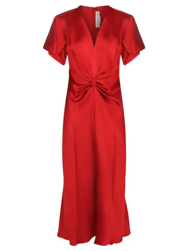 Victoria Beckham Pleated V-neck Midi Dress - Red