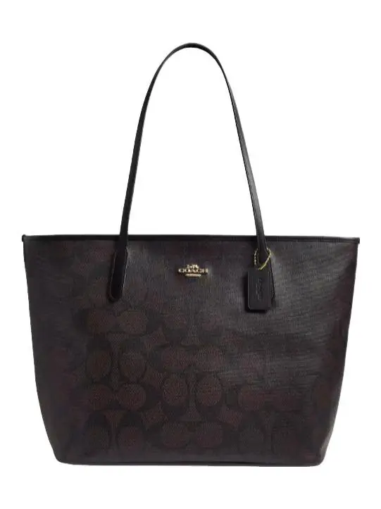 COACH Maxi Signature Canvas City Tote Bag - Gold/walnut/black