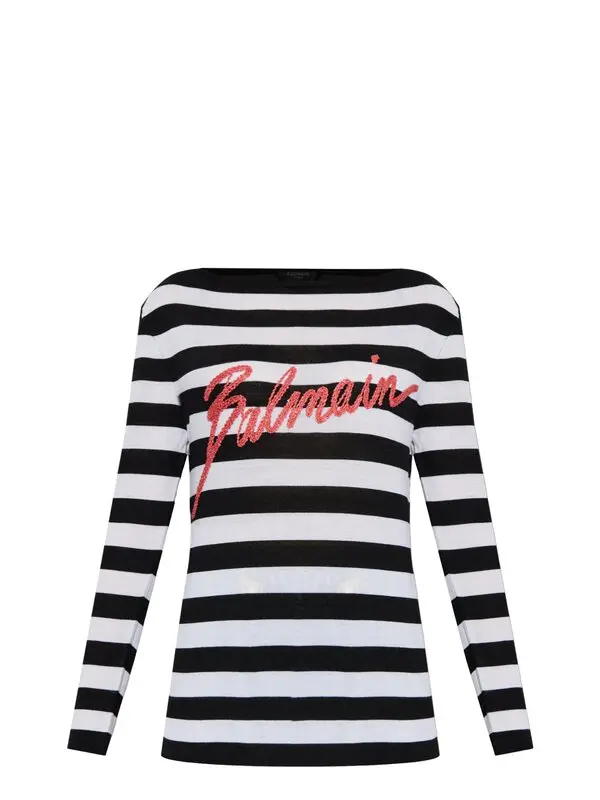 Balmain Striped Long Sleeve Jumper With Logo Embellishment - Black
