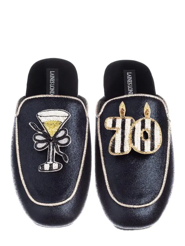 LAINES LONDON Embellished Classic Mules With Cocktail And '70' Brooches - Black/gold