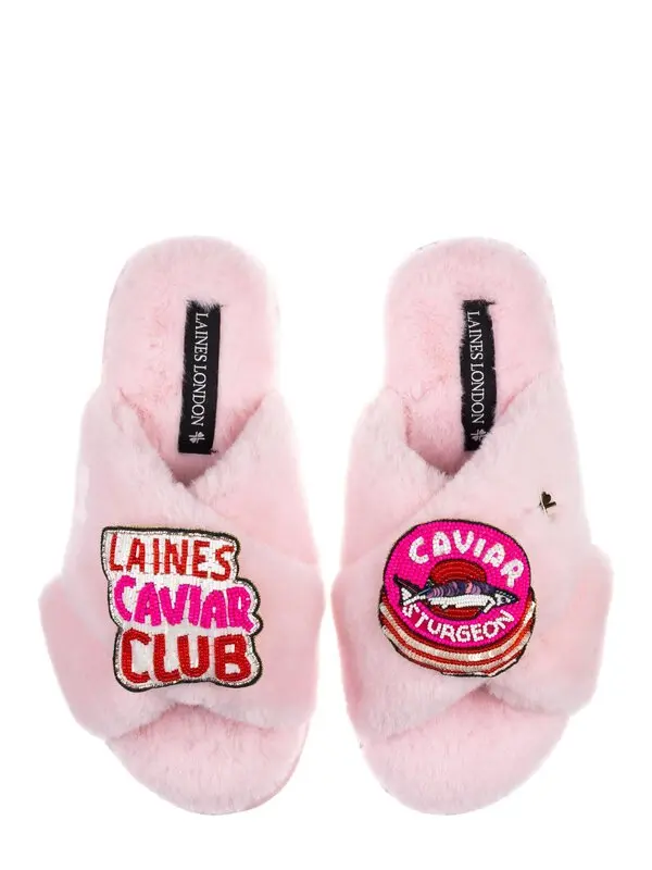 LAINES LONDON Faux Fur Cross Strap Slippers With Embellished Brooches - Pink