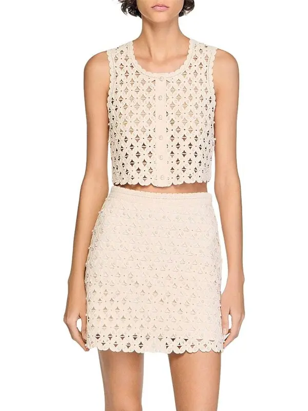 Sandro Beaded Crochet Cardigan - Ecru