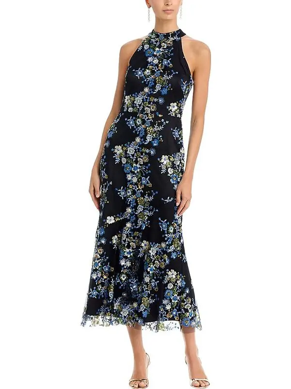 Eliza J Floral Embroidered Mock Neck Midi Dress - Black/periwinkle